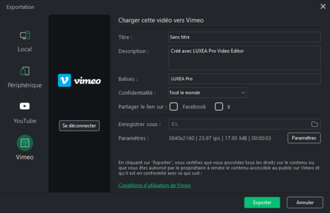 Exportation vers Vimeo